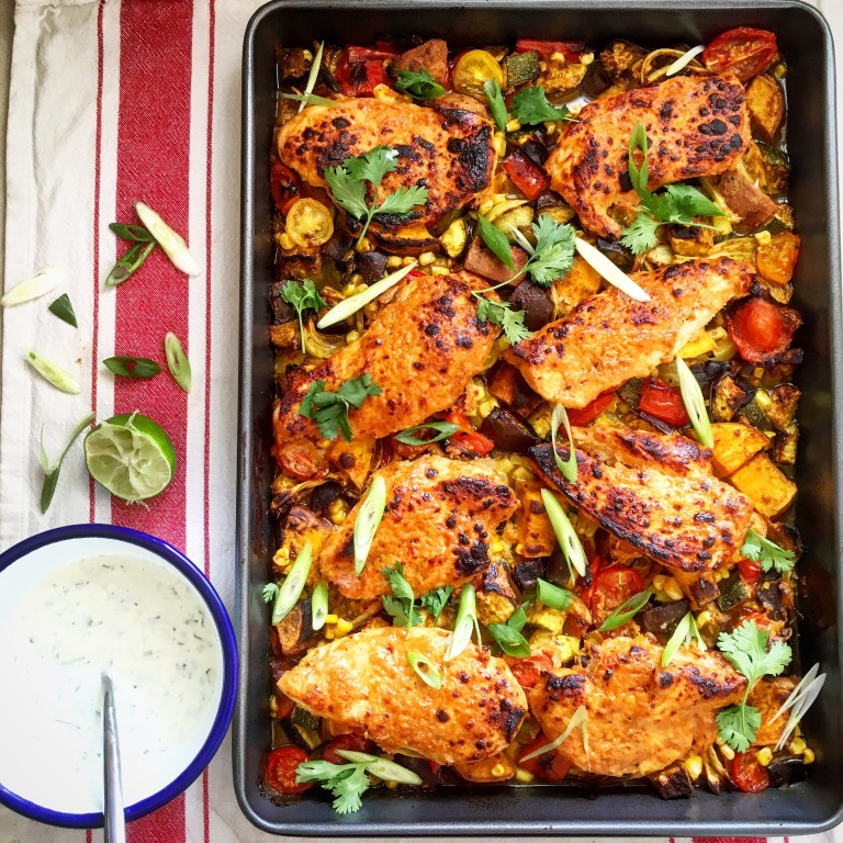 Spiced Indian Chicken & Rainbow Veg Traybake with Creamy Raita ...